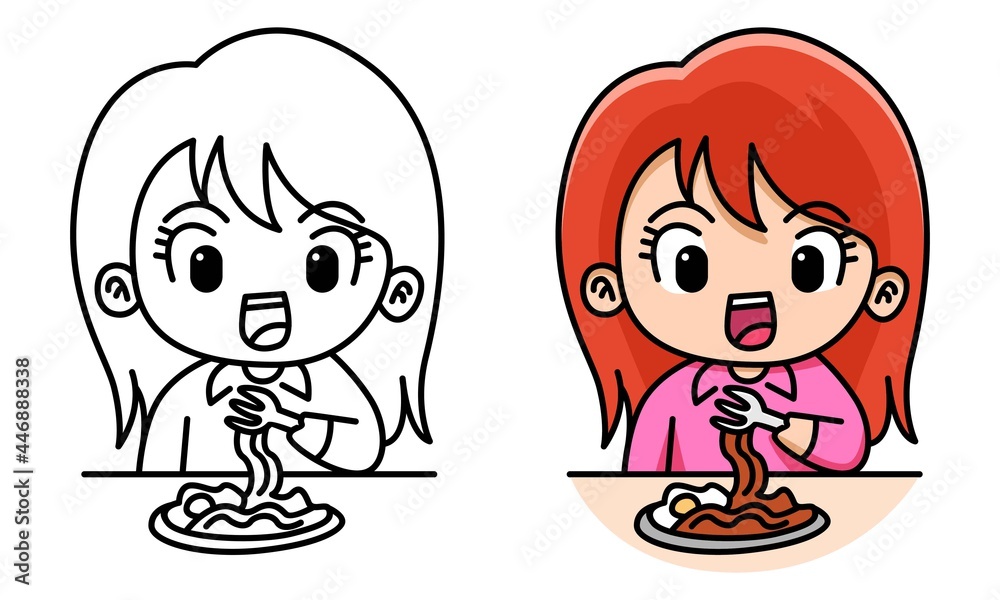 girl eat noodles coloring page for kids Stock Vector | Adobe Stock