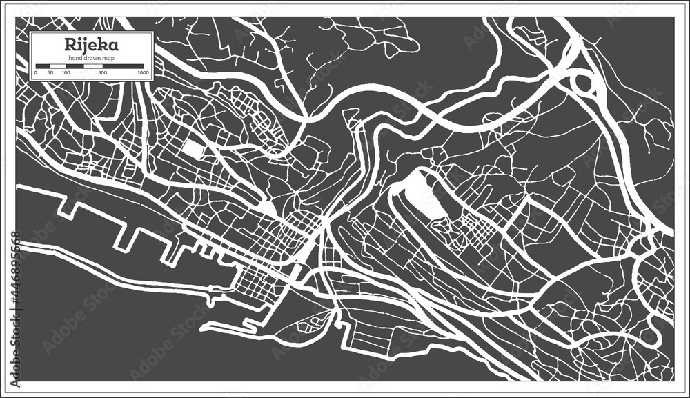 Rijeka Croatia City Map in Black and White Color in Retro Style ...