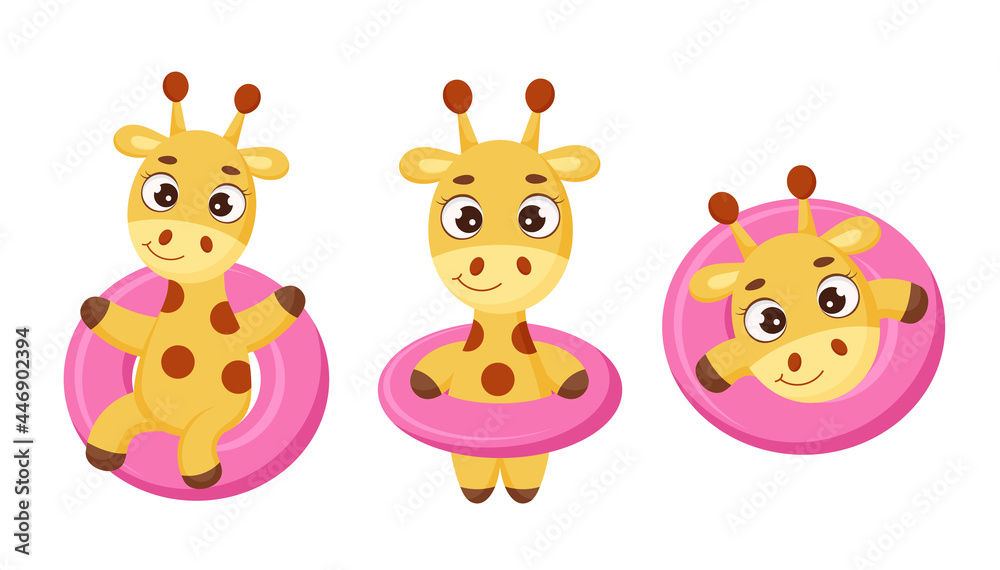 Set of cute little giraffe floats on pink circle. Funny cartoon ...