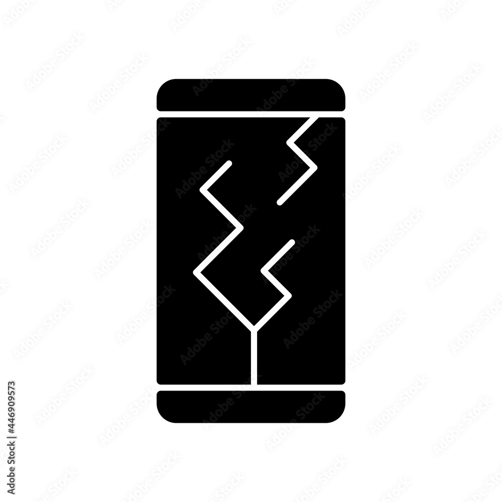 Screen damage black glyph icon. Cracks all over mobile phone display ...