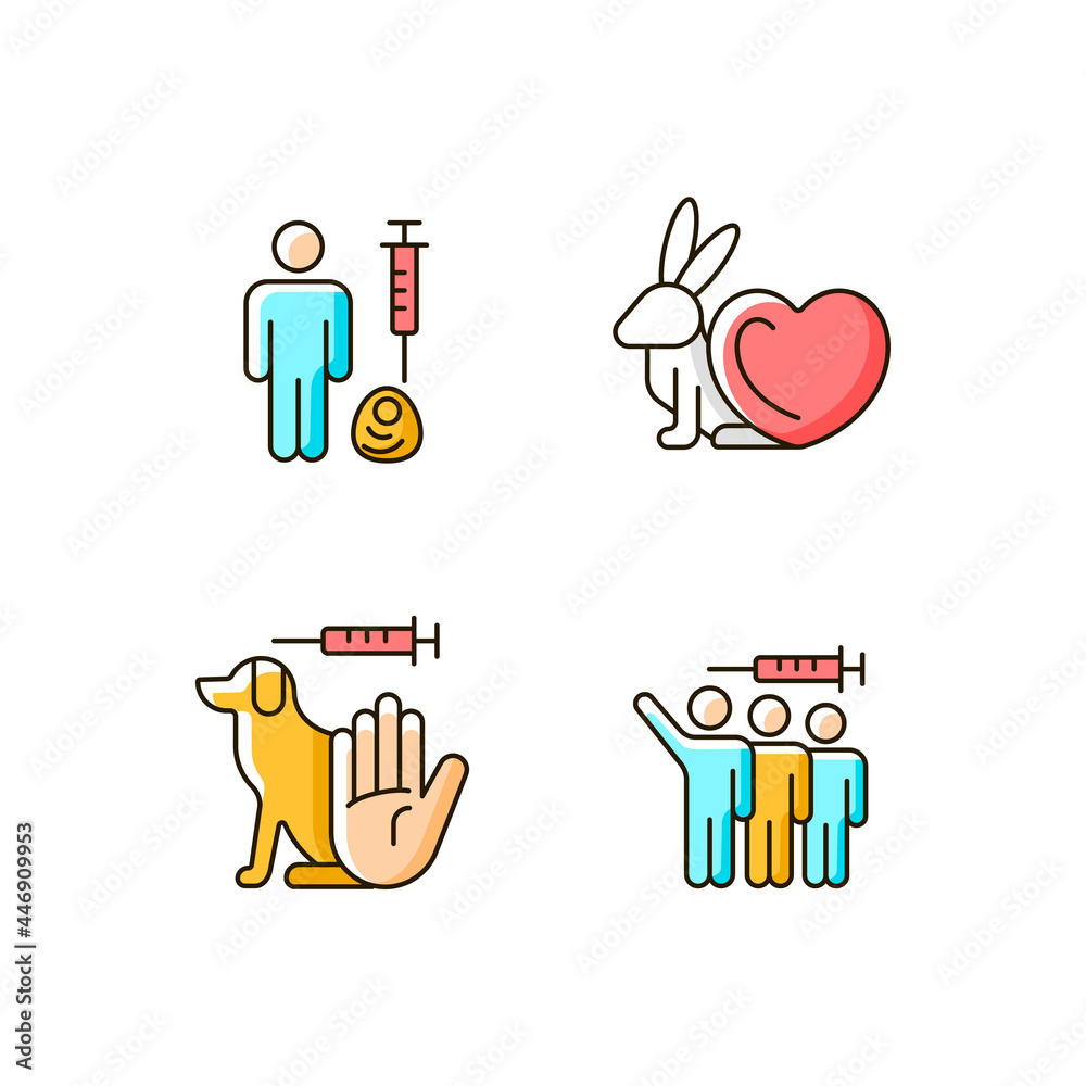 No animal experiments RGB color icons set. Alternative for pet ...