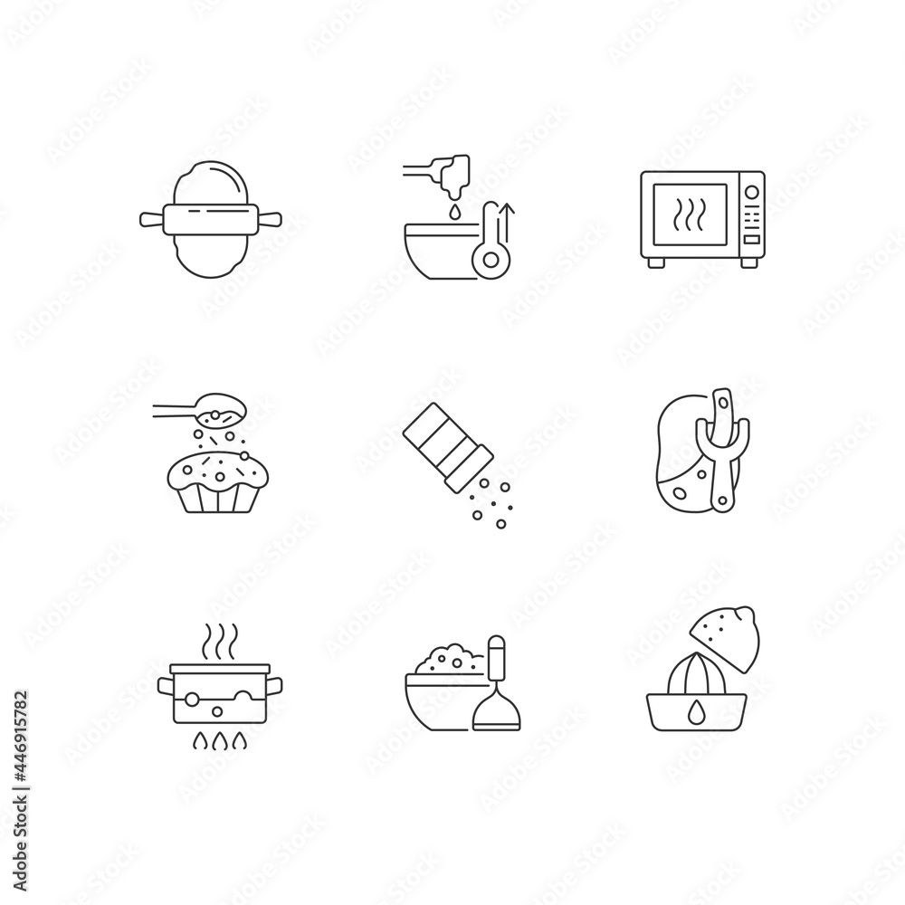 Cooking linear icons set. Cookery steps. Homemade meals. Recipe for ...