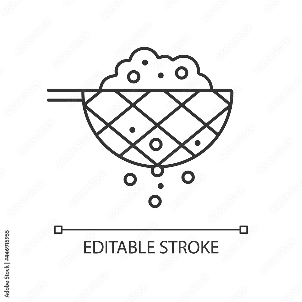 Sift cooking ingredient linear icon. Pass flour through mesh utensil ...