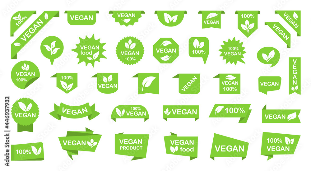 Set of vegan green labels. Vegan ribbons banners and tags for promotion ...