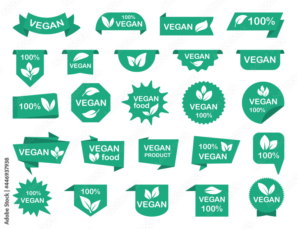 Set of vegan green labels. Vegan ribbons banners and tags for promotion ...