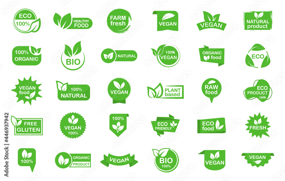 Set of organic, eco, vegan, bio food labels. Stickers of 100 percent ...