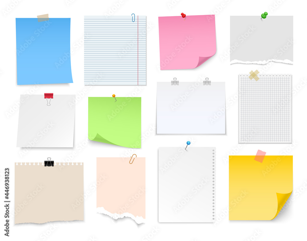 Note paper with pin, binder clip, push pin, adhesive tape and tack ...