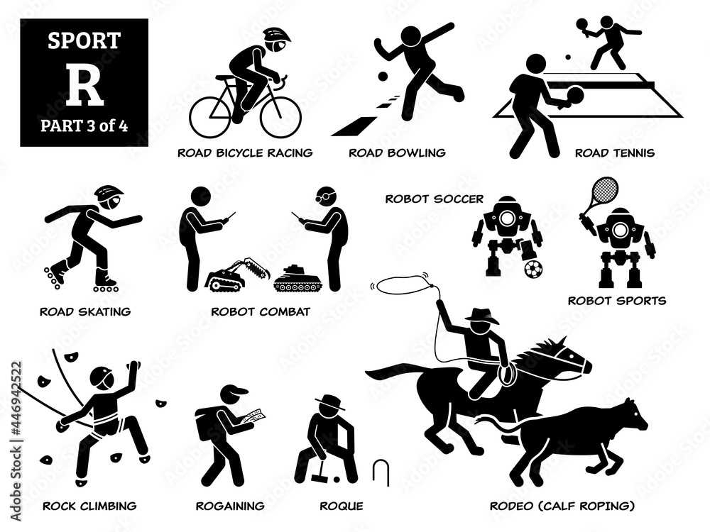 Sport games alphabet R vector icons pictogram. Road bicycle racing ...