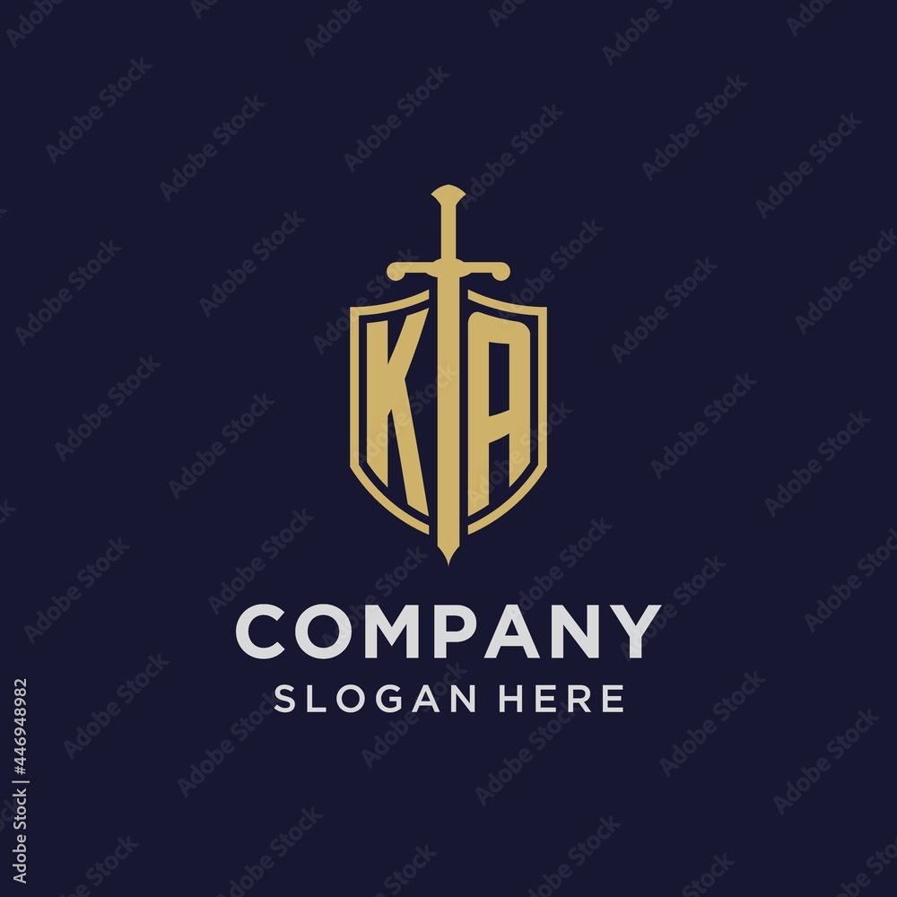 KA logo initial monogram with shield and sword design Stock Vector ...