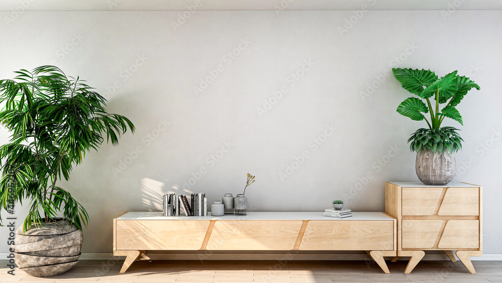 Stylish wooden furniture backdrop, photorealistic 3D Illustration of ...