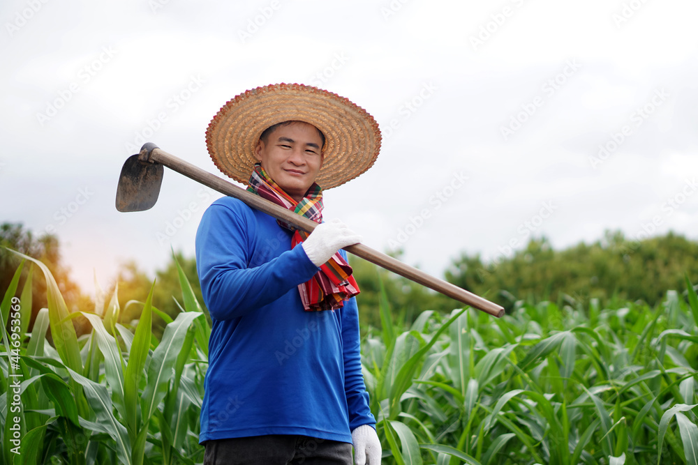 Asian farmer carry a hoe on shoulder to work at corn field. Concept ...