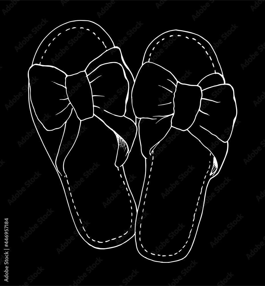 women's slippers. hand-drawn home slippers with bows in a sketch style ...