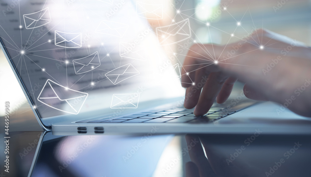 Business woman hands using Laptop computer with email icon, Email sent ...