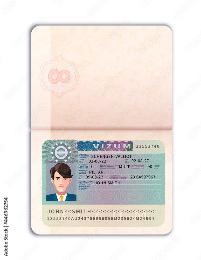 Open foreign passport with European Union visa realistic dummy on white ...