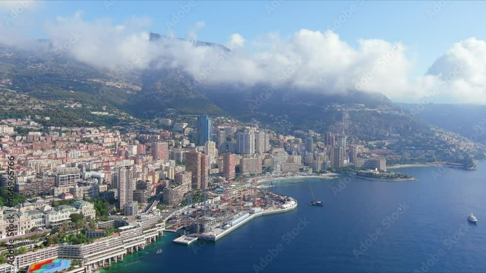 Monte Carlo, Monaco. Aerial view of famous city towering over ...