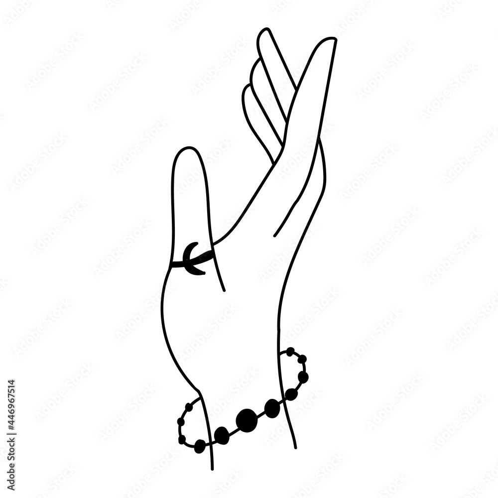 Black outline hand with bracelet and ring in modern mystical style ...