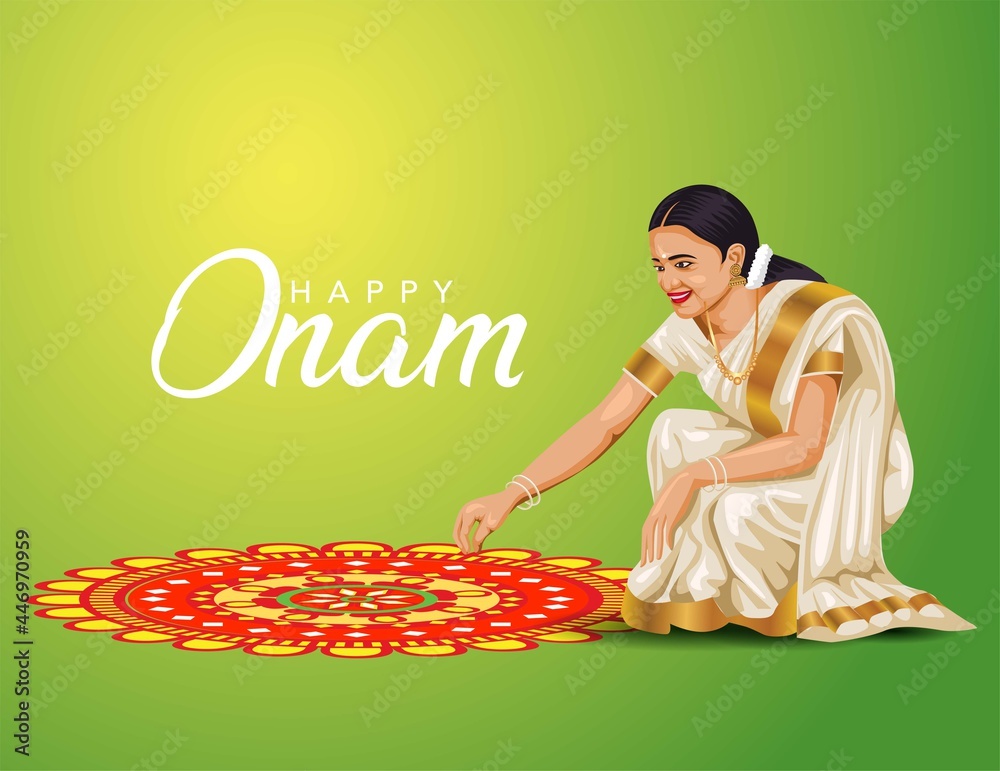 happy onam greetings vector illustration. illustration of woman making ...