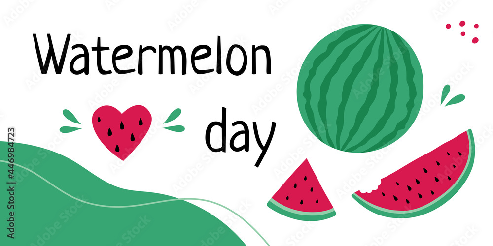 A horizontal banner with a watermelon day message. Vector template in ...