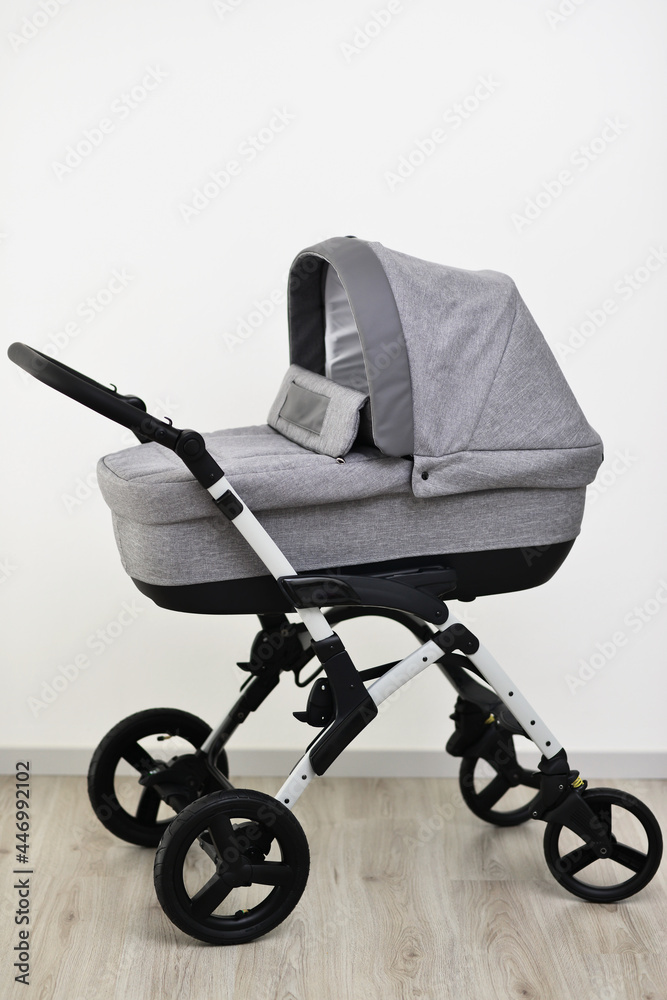 Black and Gray Stroller Isolated on White. Side View of Pushchair and ...