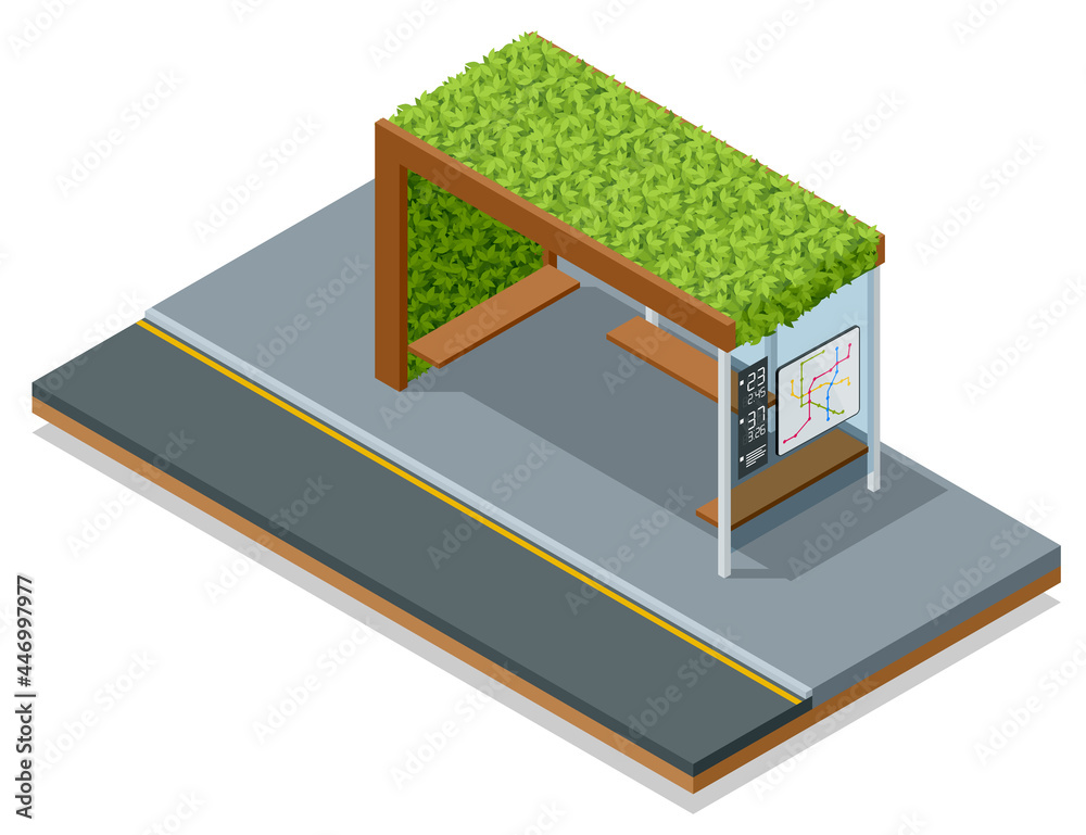 Isometric modern bus stop with lawns on the roof in the city eco park ...