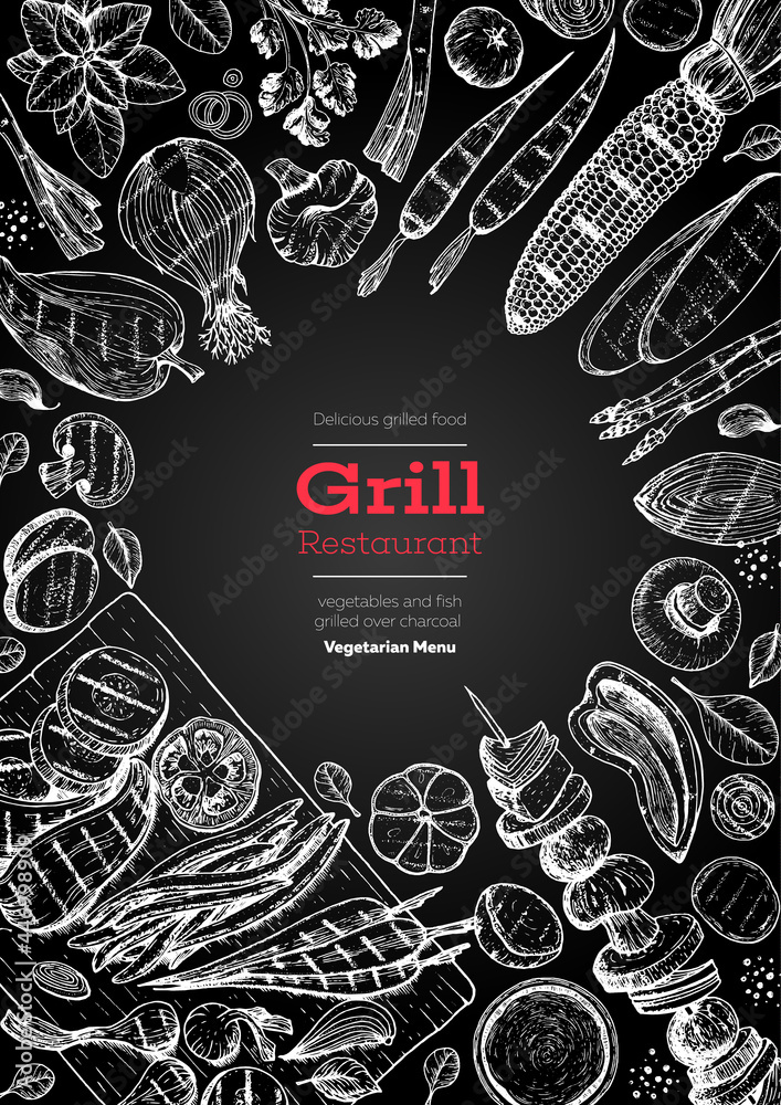 Grill menu design template. Grilled vegetables top view frame ...