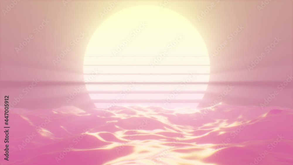 Retro 80s Sunset Light Rays Shine Over Ocean Water Waves Reflection ...