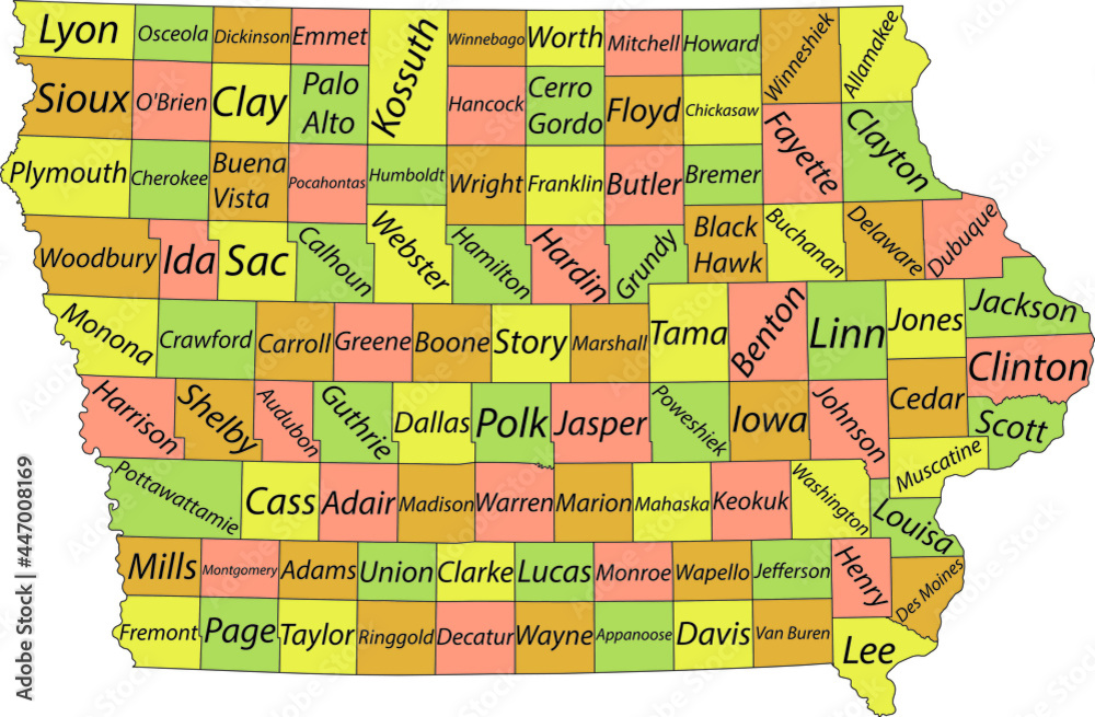 Pastel vector map of the Federal State of Iowa, USA with black borders ...