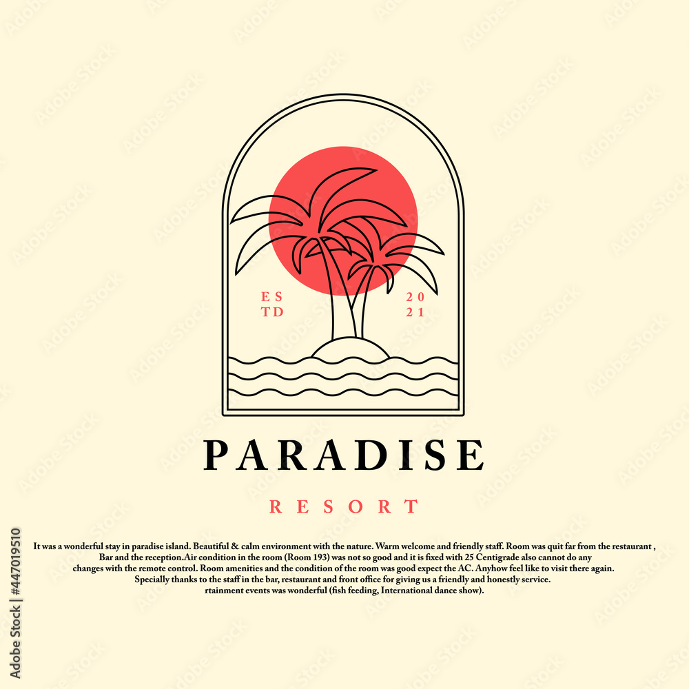 Paradise resort vintage style with palm tree, sunset and wave icon ...