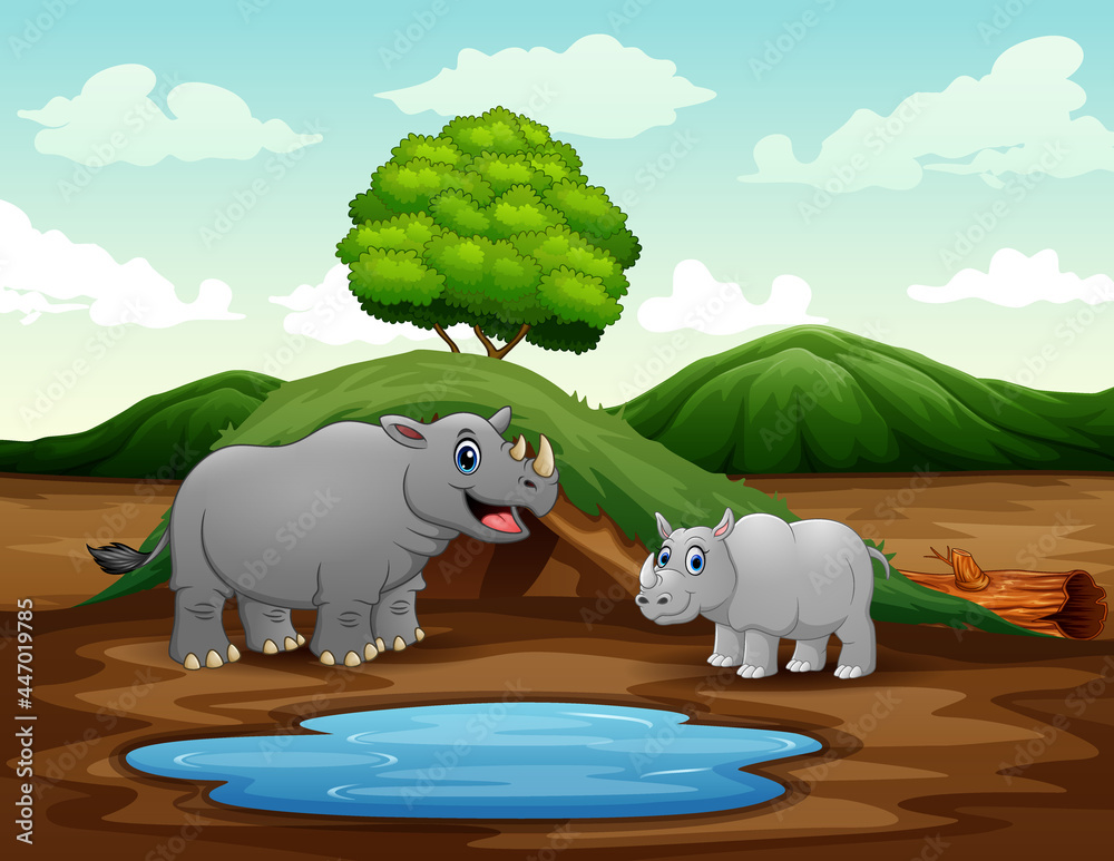 Cartoon a mother rhino with her cub at nature Stock Vector | Adobe Stock