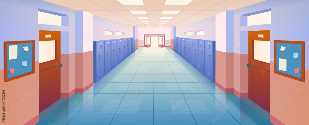 Interior school corridor with doors and lockers vector illustration ...