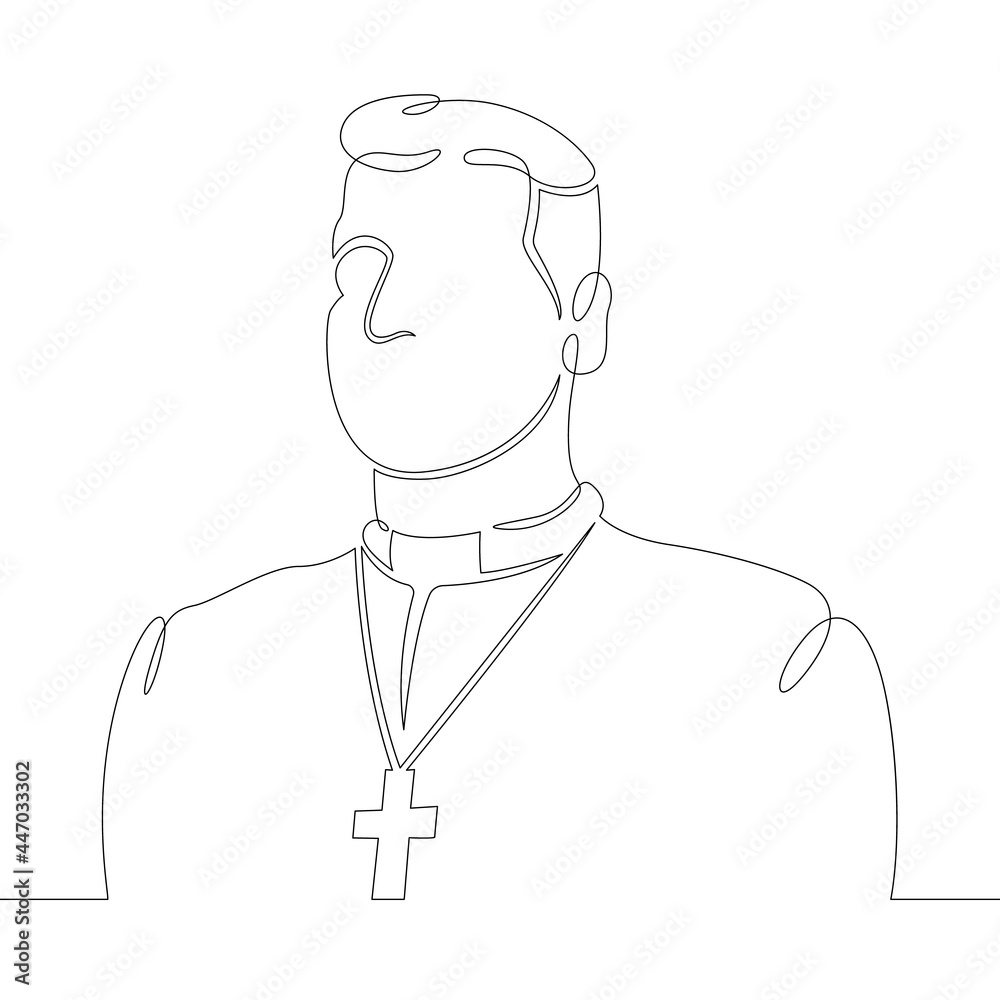 One continuous line. Male character professional priest in a cassock ...