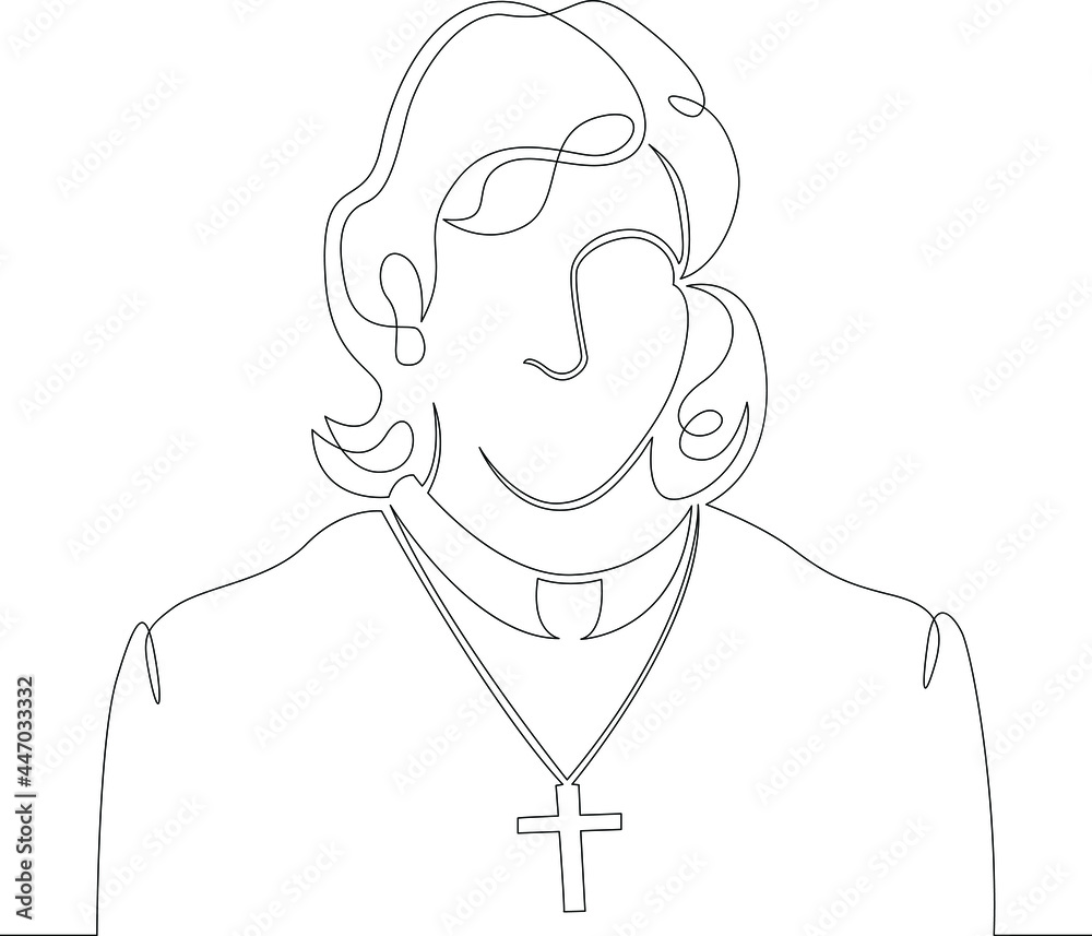 One continuous line Female character professional priest in a cassock ...