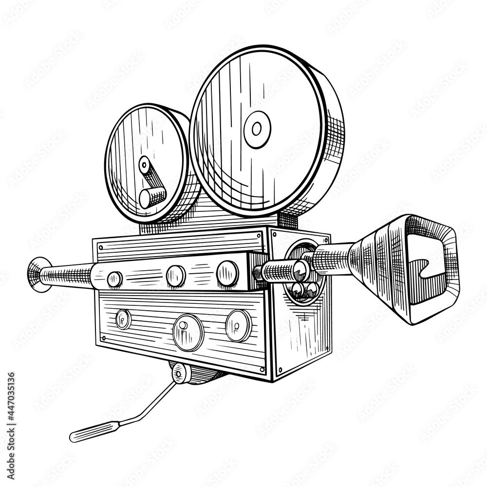 Filmmaking camera sketch. Black hand drawn object on white background ...