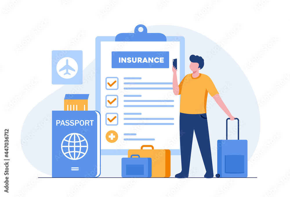 Travel insurance concept. Man with bag and passport flat vector ...