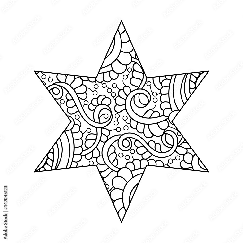 Coloring book for adults. A hand-drawn six-pointed star. Doodle anti ...