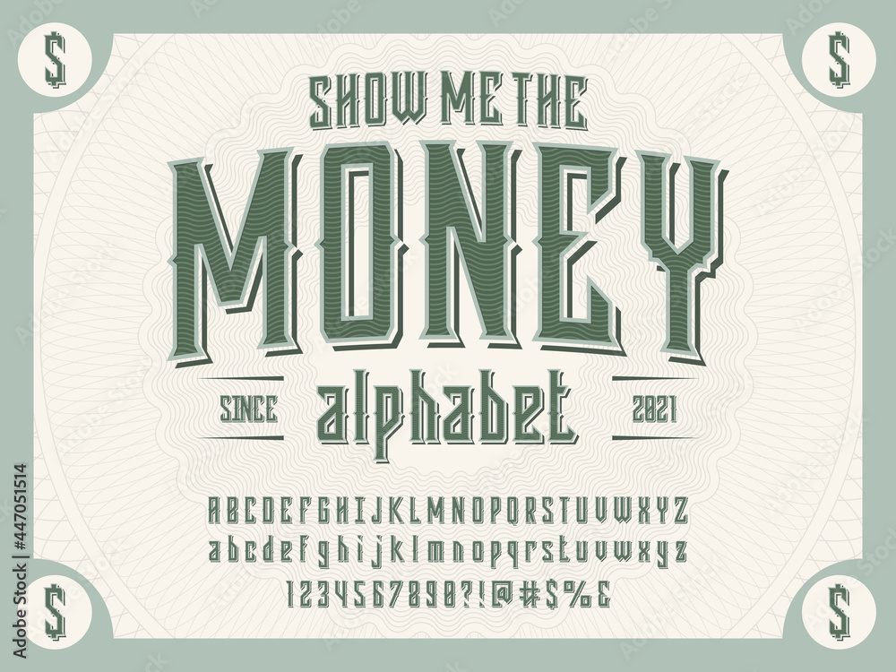Money style alphabet design with decorative elements, uppercase ...