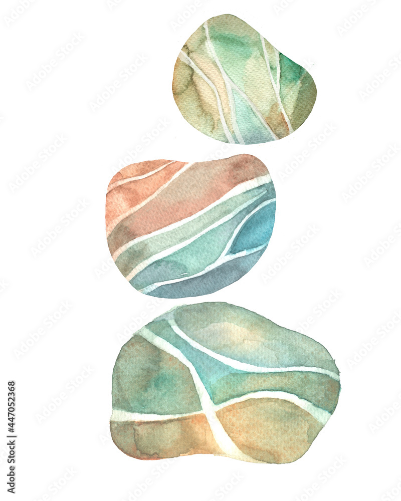 Sea pebbles watercolour as design elements. Sea stones colourful. Sea ...