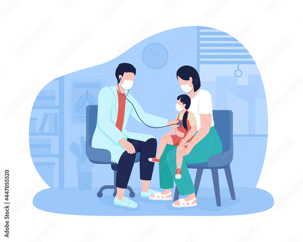 Annual pediatric visit 2D vector isolated illustration. Checking child ...