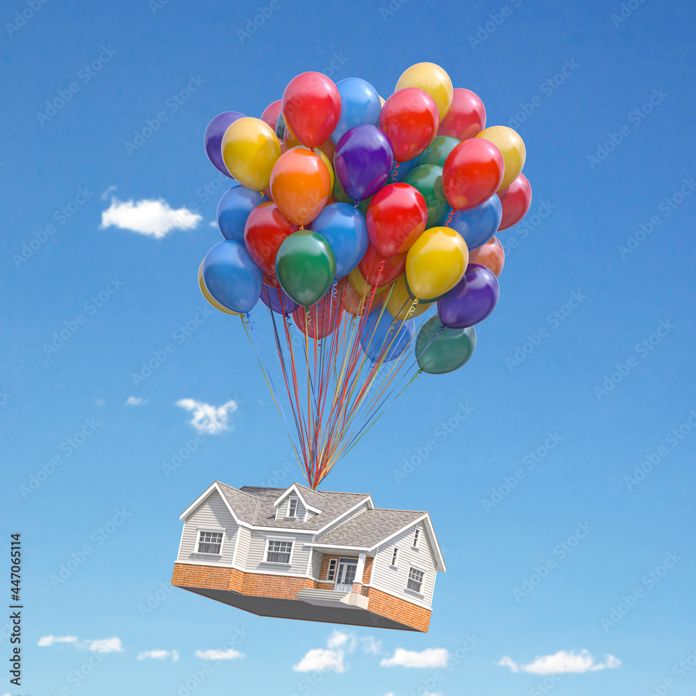House with balloons bunch flying in the sky. Real estate purchasing ...