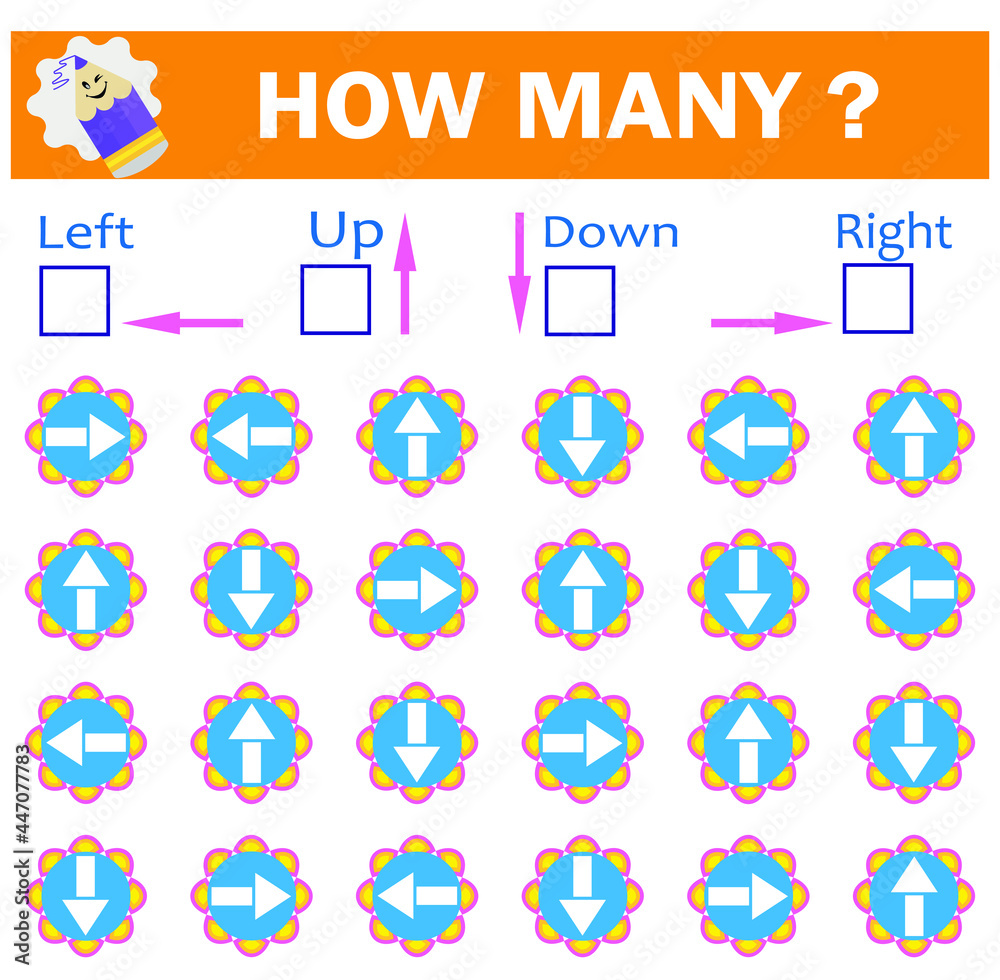 Left or Right. Up or down. Logic game for kids. Count how many arrows ...