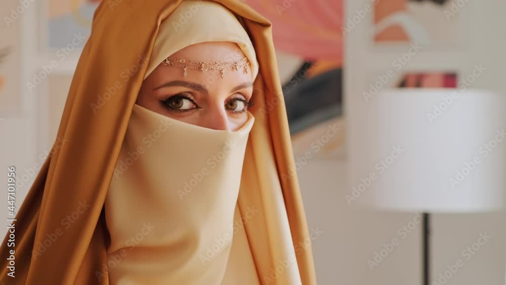 Close Up Portrait Of Beauty Young Muslim Woman In Hijab Stock Video ...