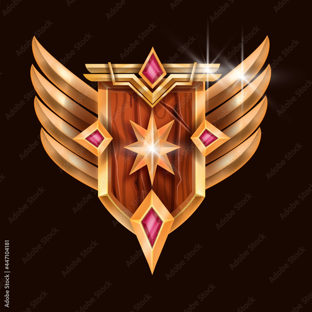 Trophy game badge icon, vector rank award medal, wooden shield, golden ...