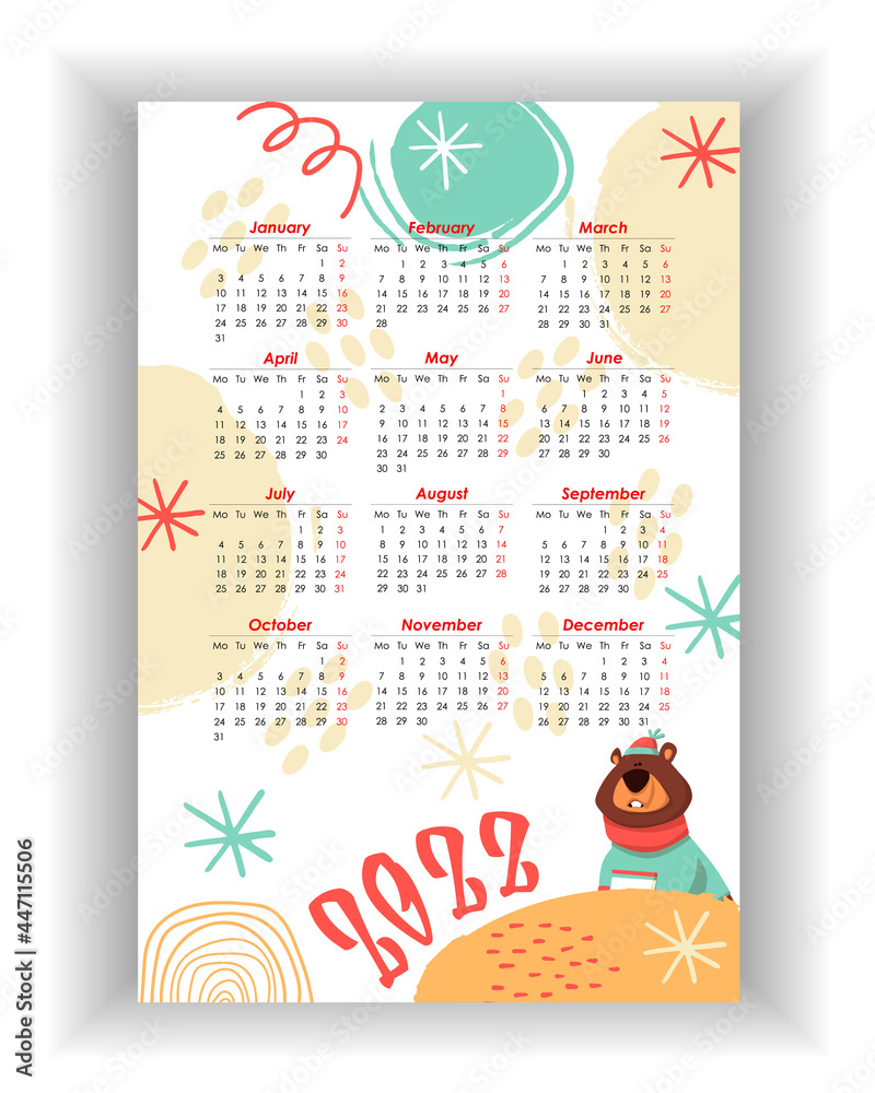 Wall Calendar 2022. Simple, colorful, baby birthday, holiday vertical ...