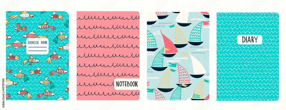 Cover page templates with sailboats, tropical fish, waves, writing ...