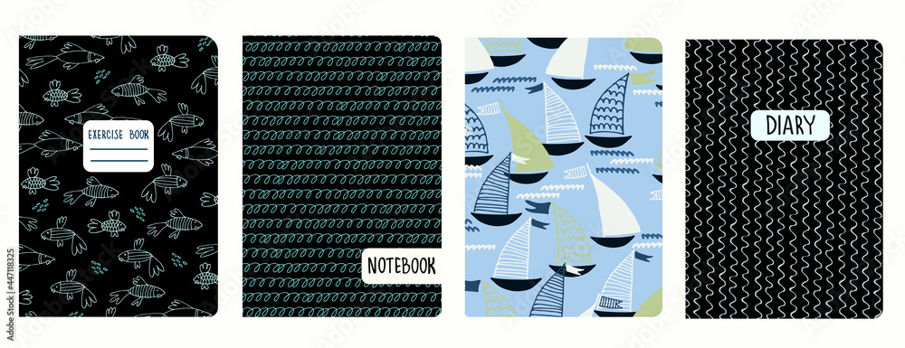 Set of cover page templates with sailboats, outlined tropical fish ...