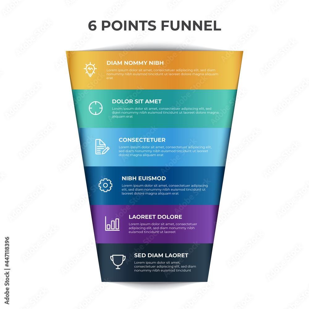 funnel chart infographic element vector with 6 points, options, list ...