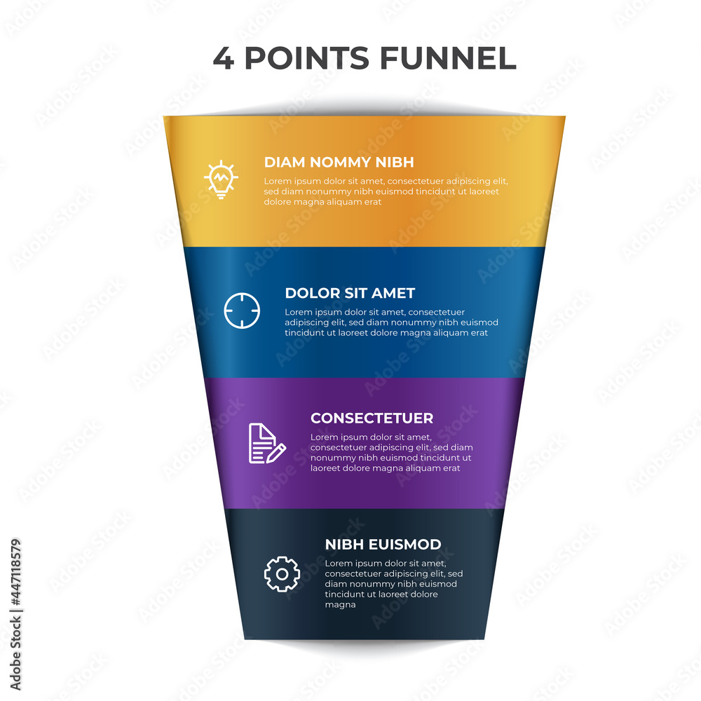 funnel chart infographic element vector with 4 points, options, list ...