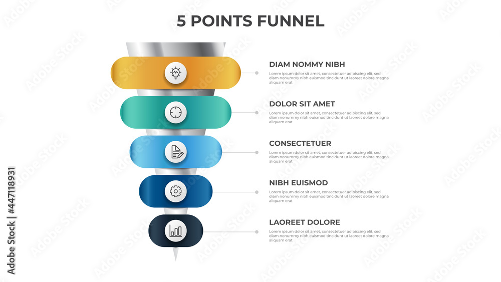 Vetor de funnel infographic with 5 points, diagram, chart, layout ...