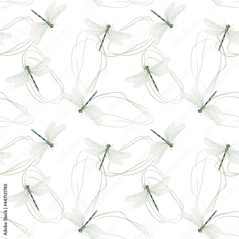 Watercolor insect abstract pattern. Hand drawn print with dragonfly and ...