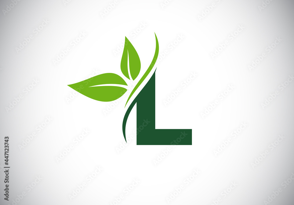Initial L monogram alphabet with two leaves. Green, eco-friendly logo ...